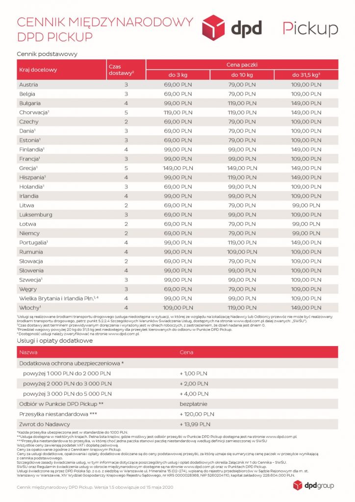 Cennik przesyłek międzynarodowych - DPD Polska
